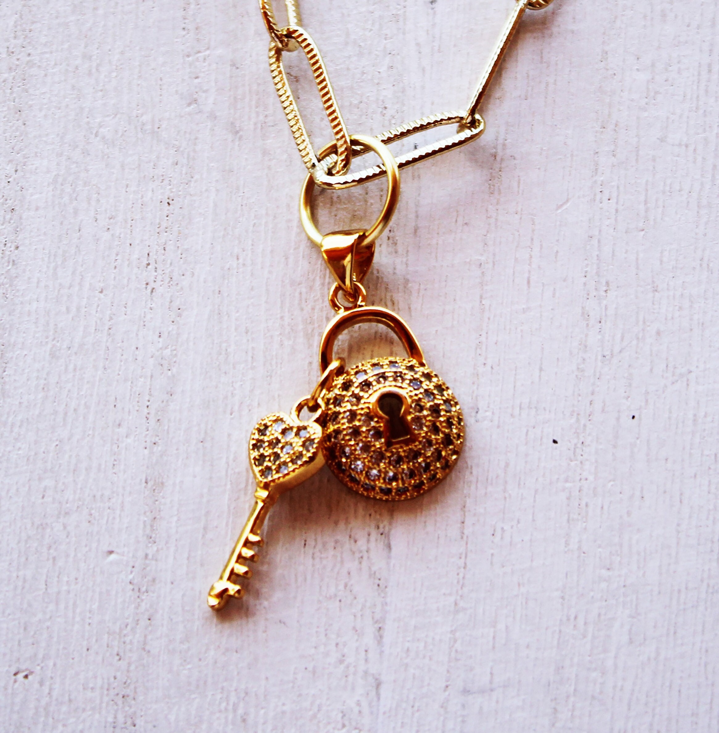 CZ Lock and Key on a Textured Gold Paperclip Chain Pendant - 20" in ...