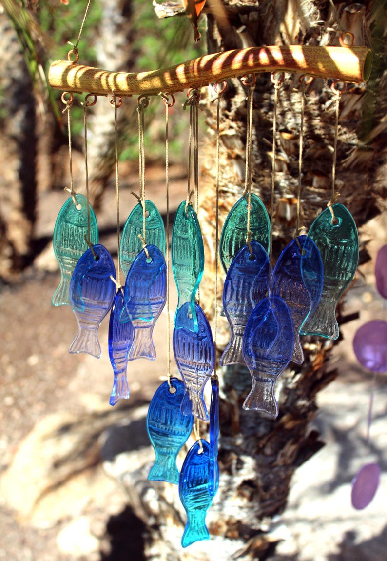 Glass Fish Windchime Done in a Variety of Blues - Colors Change as Sun ...