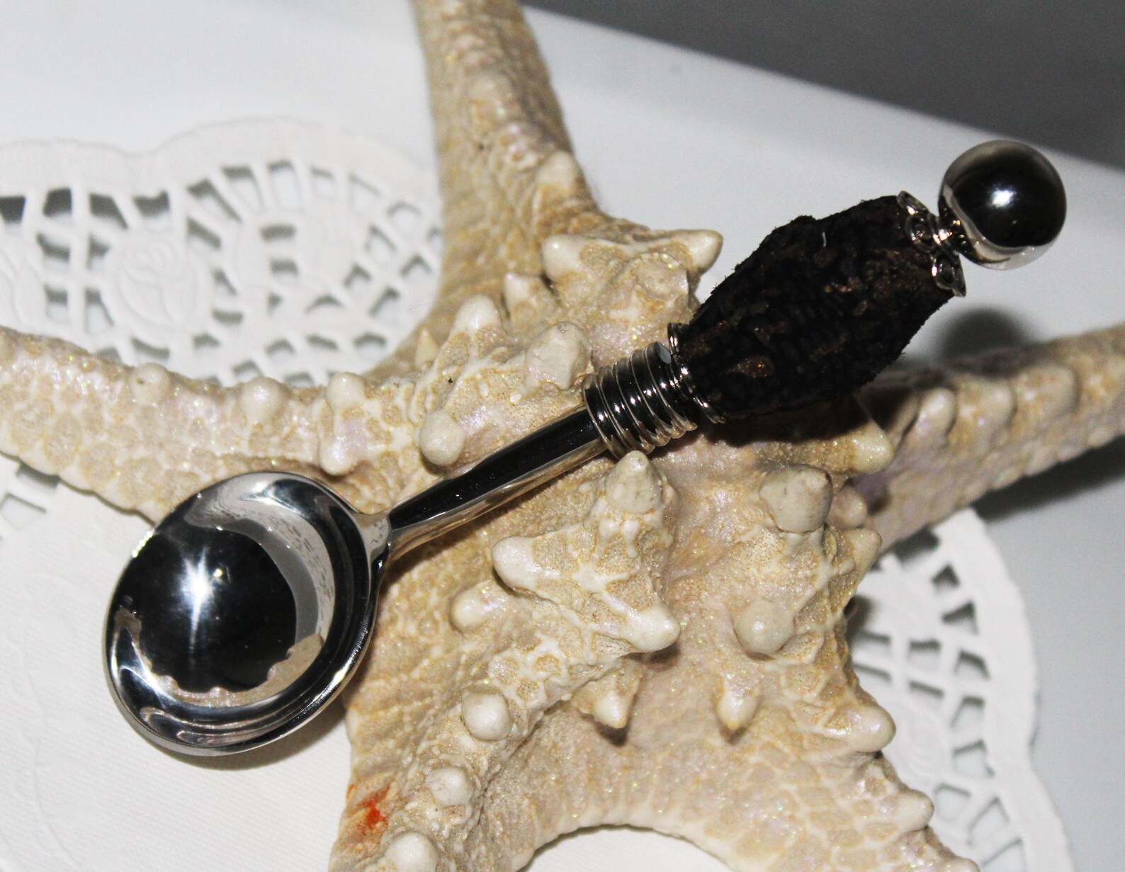 Stainless Salsa Spoon... Heavy ... Designed With a Gorgeous Leather ...