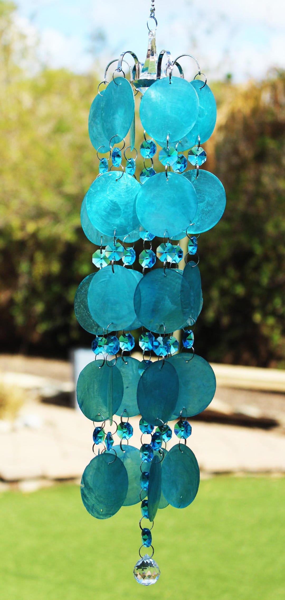 All Done in Turquoise - Wind Chime With Capiz Shells and Crystals on a ...