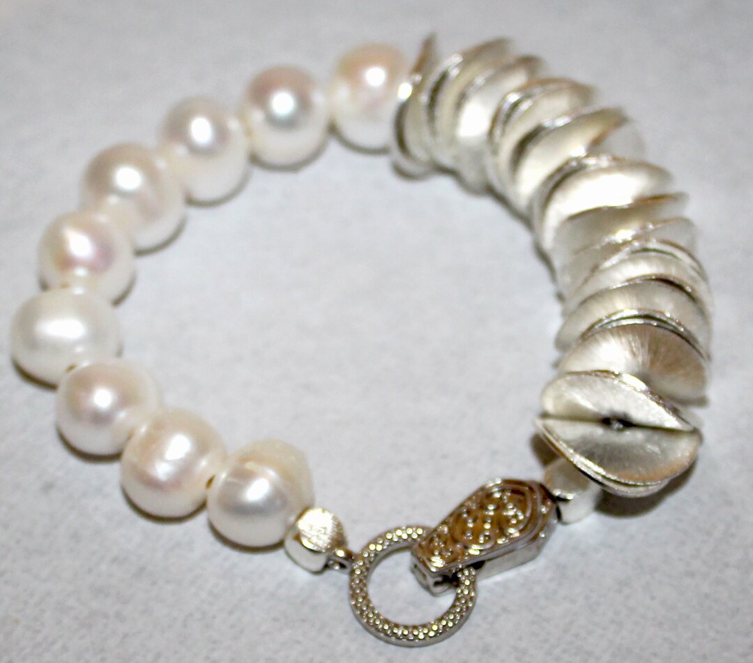 Brushed Silver Ruffle Disks and Freshwater Pearls Bracelet With ...