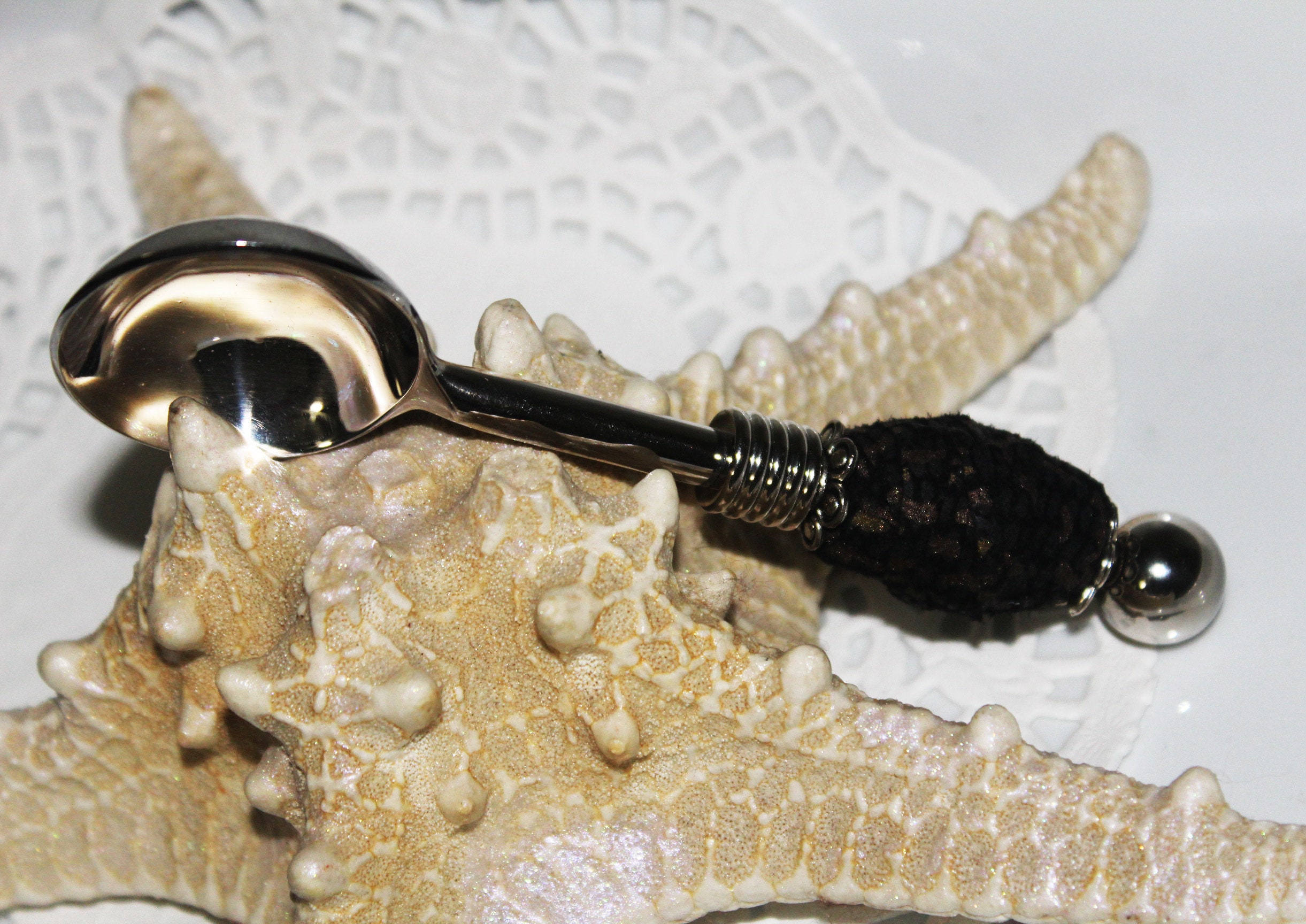 Stainless Salsa Spoon... Heavy ... Designed With a Gorgeous Leather ...