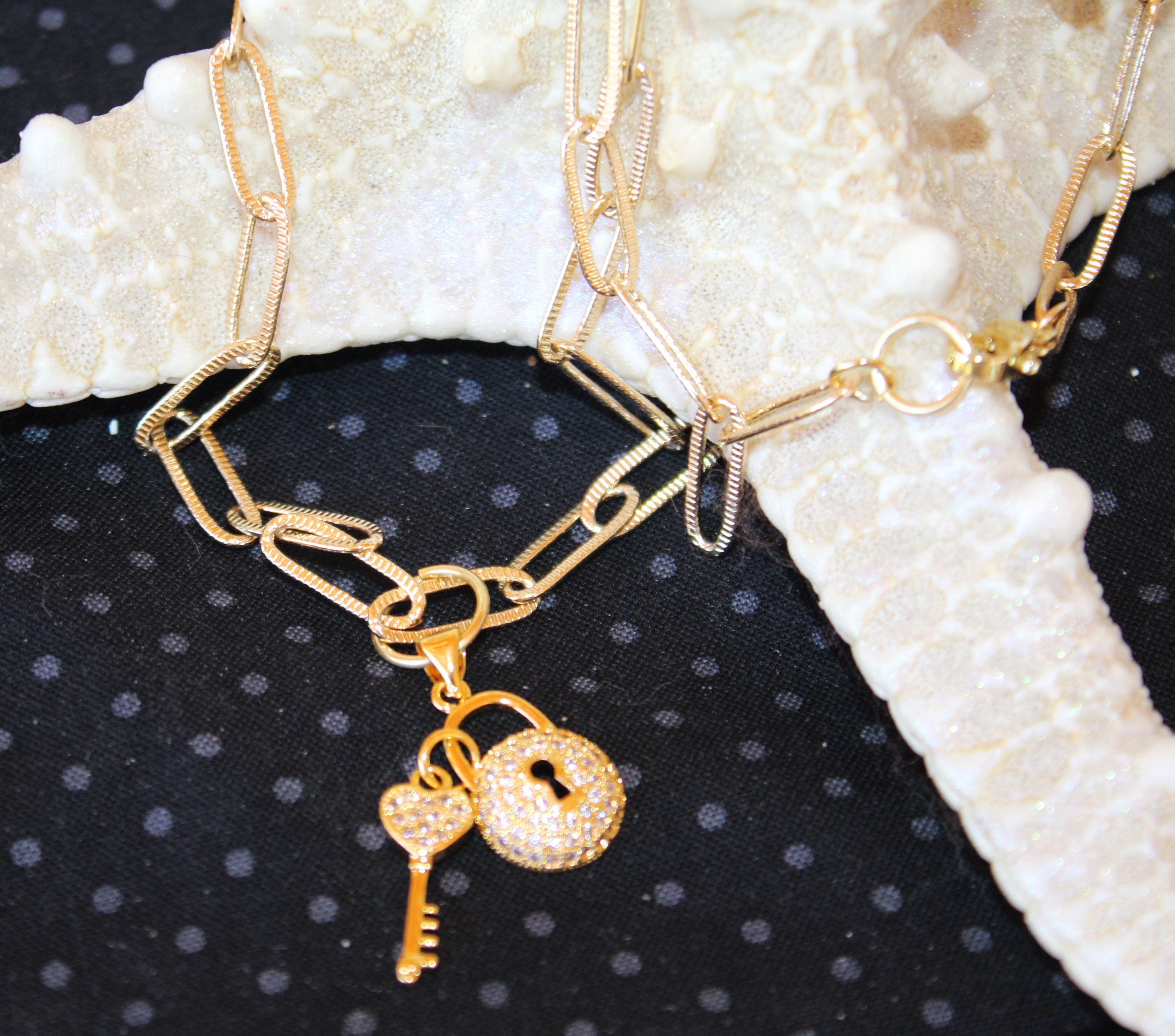 CZ Lock and Key on a Textured Gold Paperclip Chain Pendant - 20" in ...