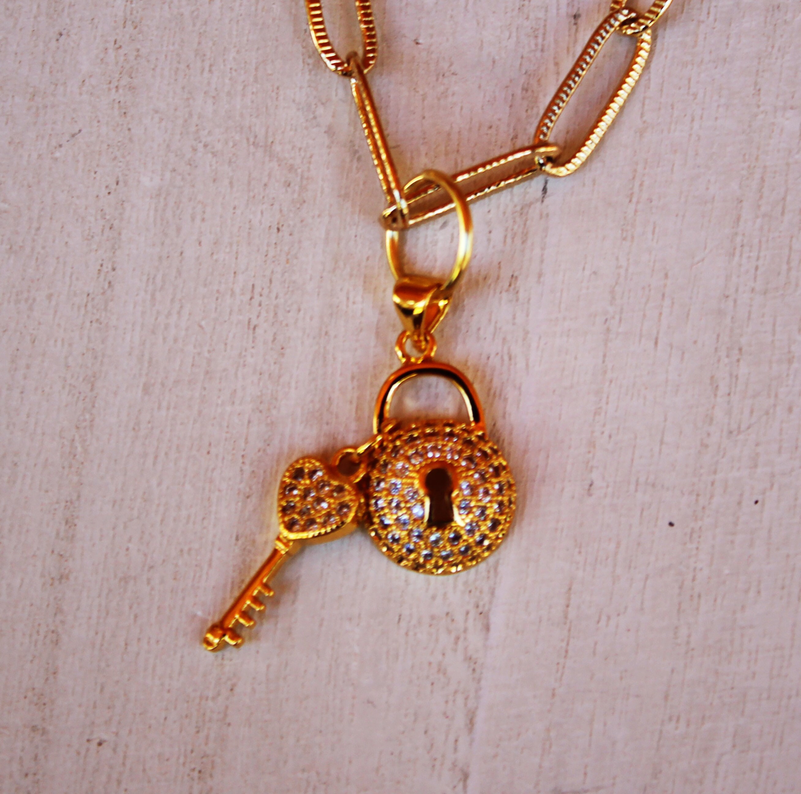 CZ Lock and Key on a Textured Gold Paperclip Chain Pendant - 20" in ...