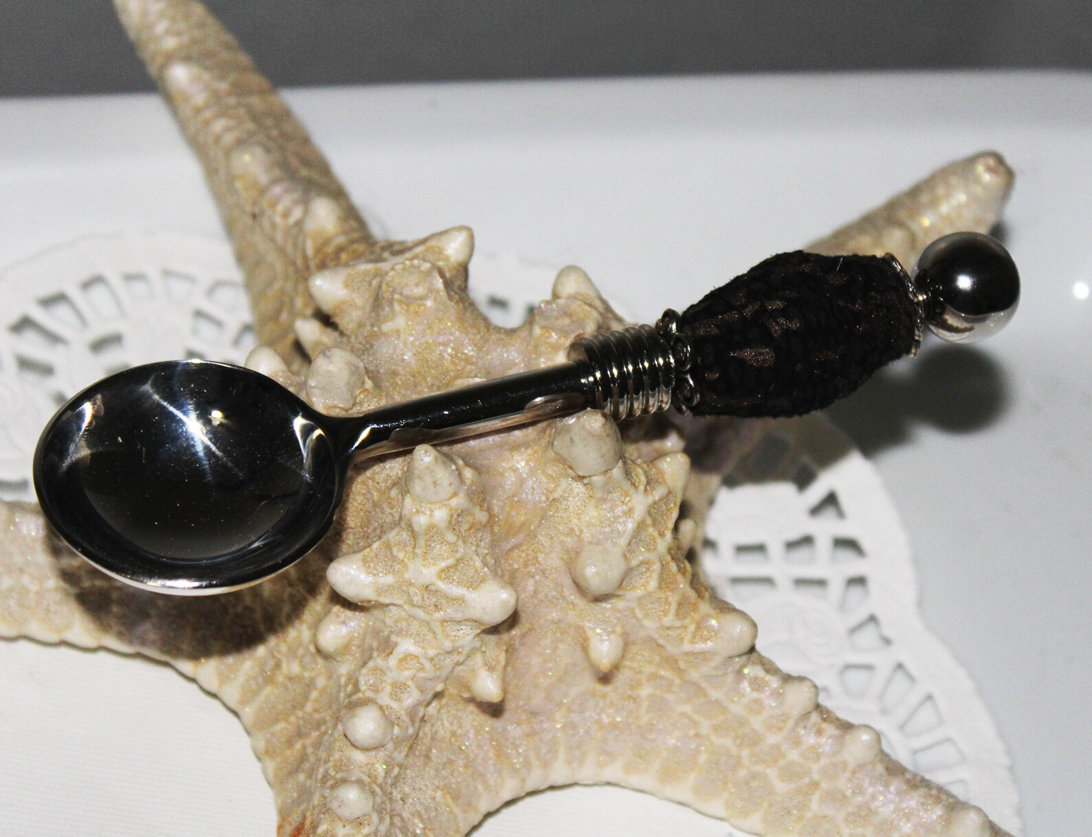 Stainless Salsa Spoon... Heavy ... Designed With a Gorgeous Leather ...