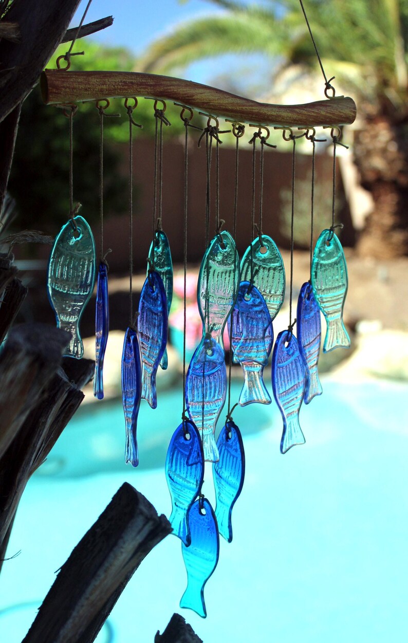 Glass Fish Windchime Done in a Variety of Blues - Colors Change as Sun ...