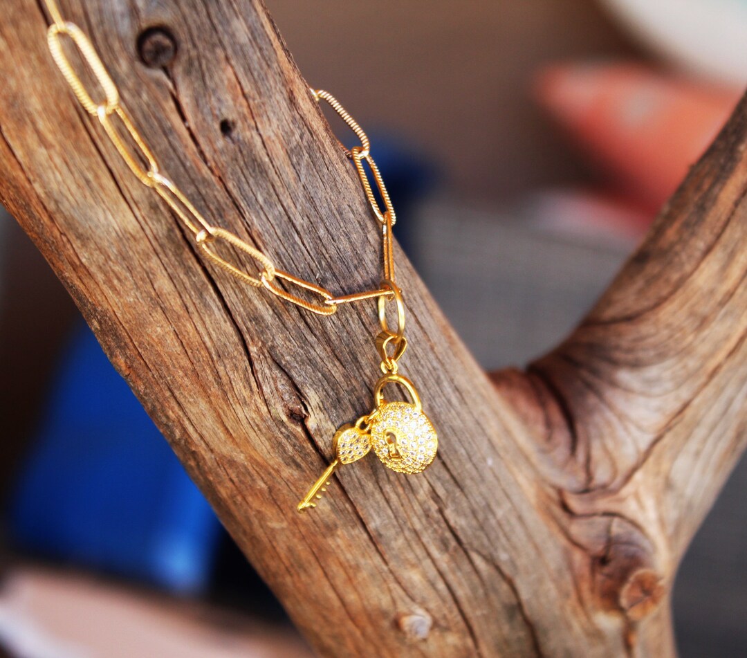 CZ Lock and Key on a Textured Gold Paperclip Chain Pendant - 20" in ...