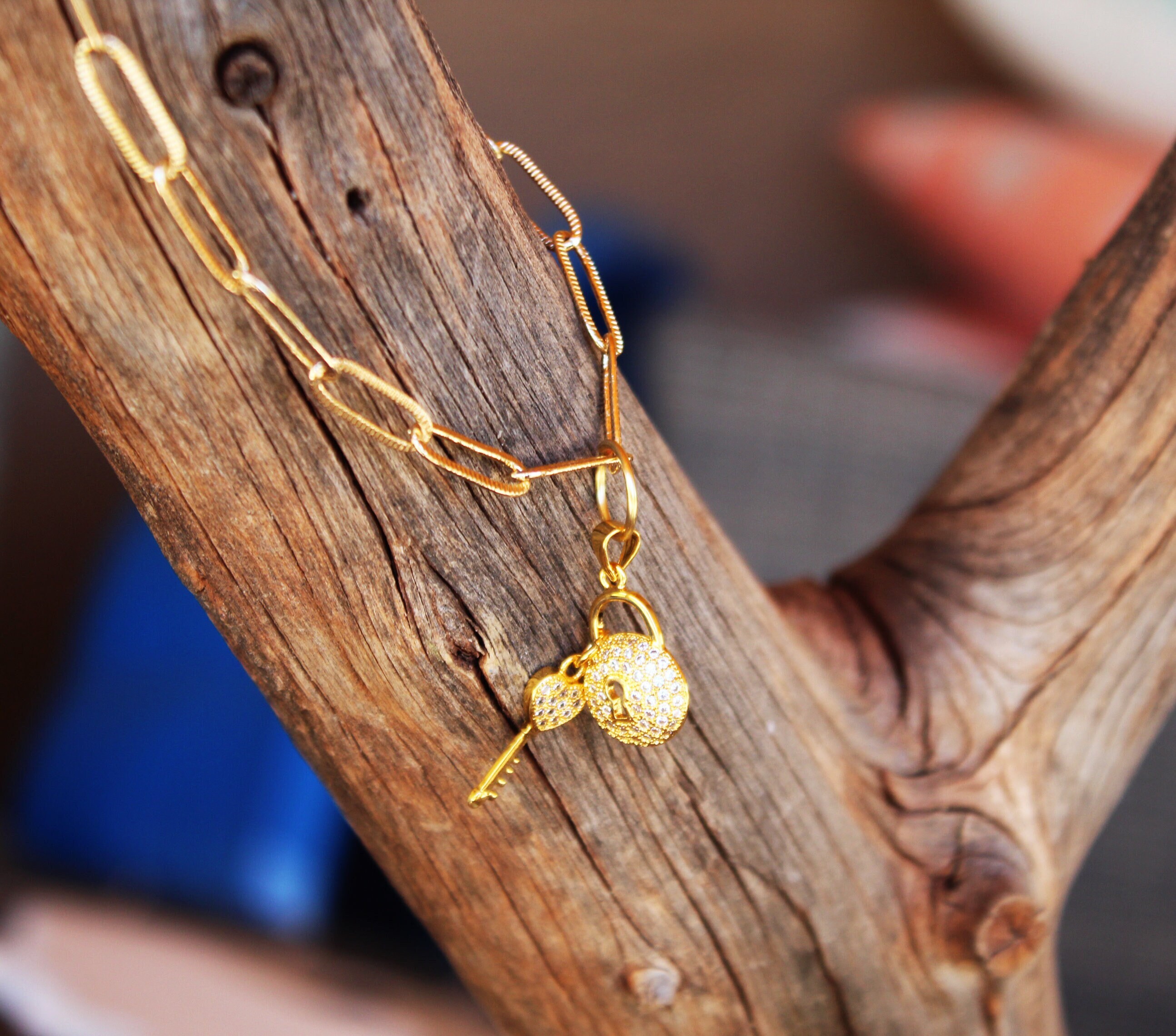 CZ Lock and Key on a Textured Gold Paperclip Chain Pendant - 20" in ...