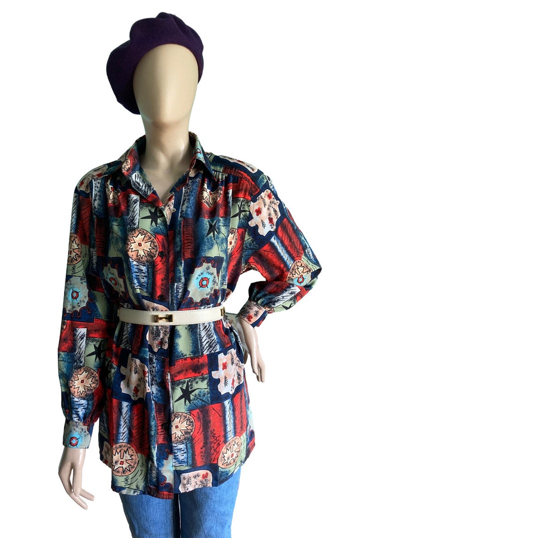 Vintage 1980s Abstract Print Long Line Tunic Shirt Blouse Padded ...