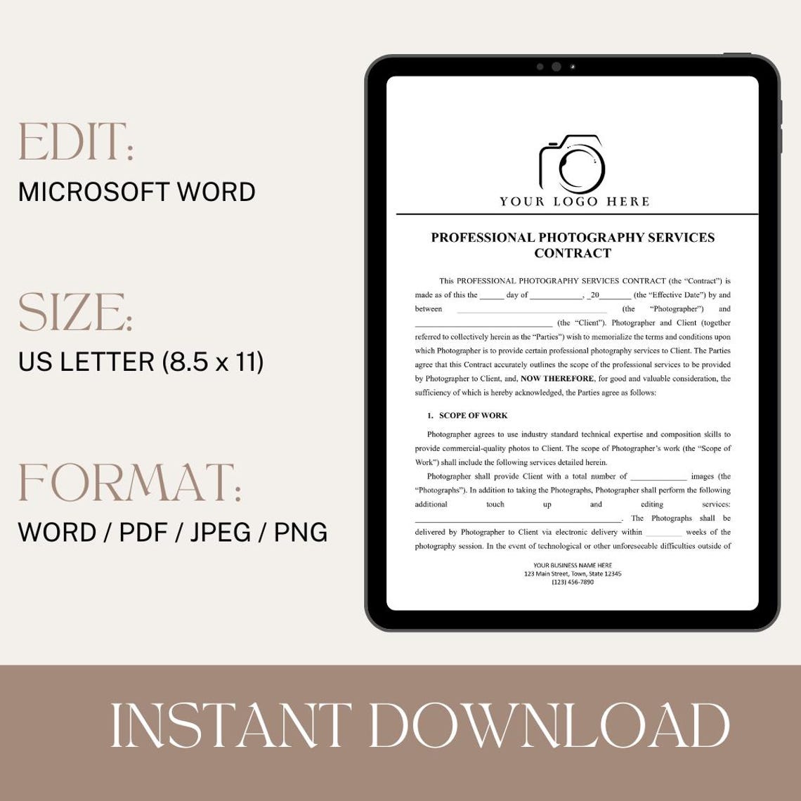 Sample Photography Contract Template - Printable Word Document. Instant ...