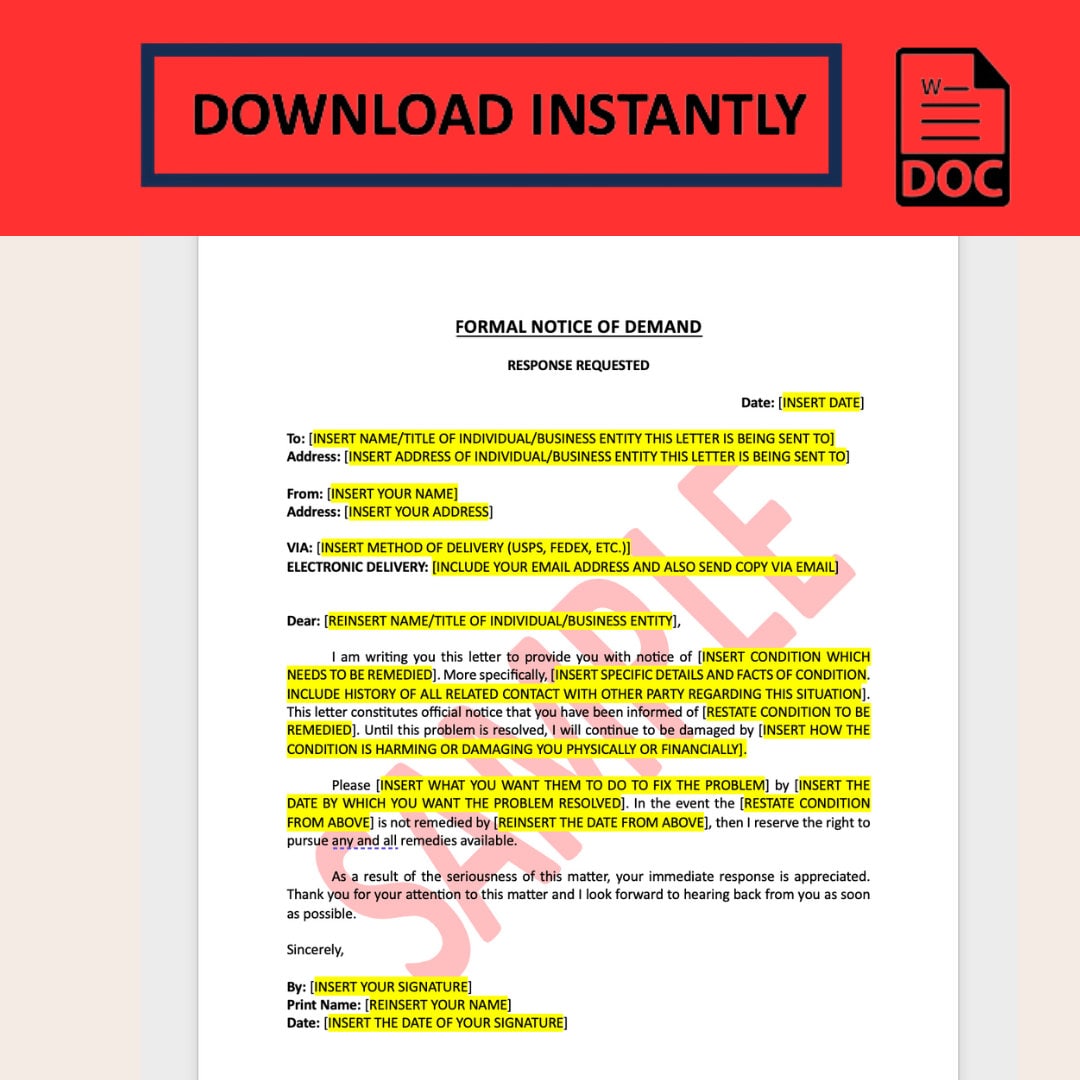 Sample Demand Letter Template Printable Word Document. Instant Download ...