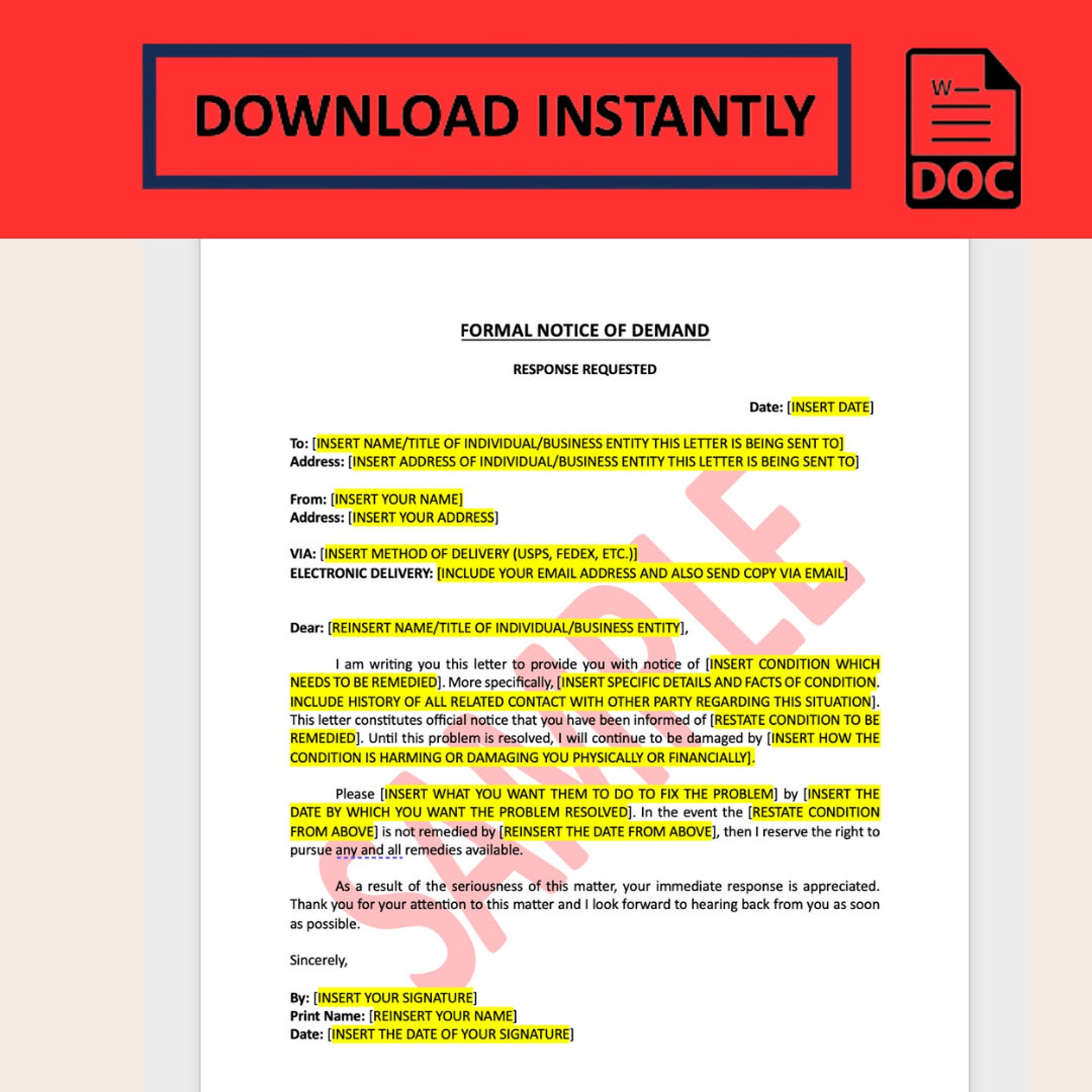 Sample Demand Letter Template Printable Word Document. Instant Download ...