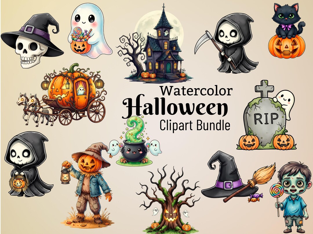 Halloween Watercolor Clipart Bundle | 32 Cute Spooky PNG Images ...