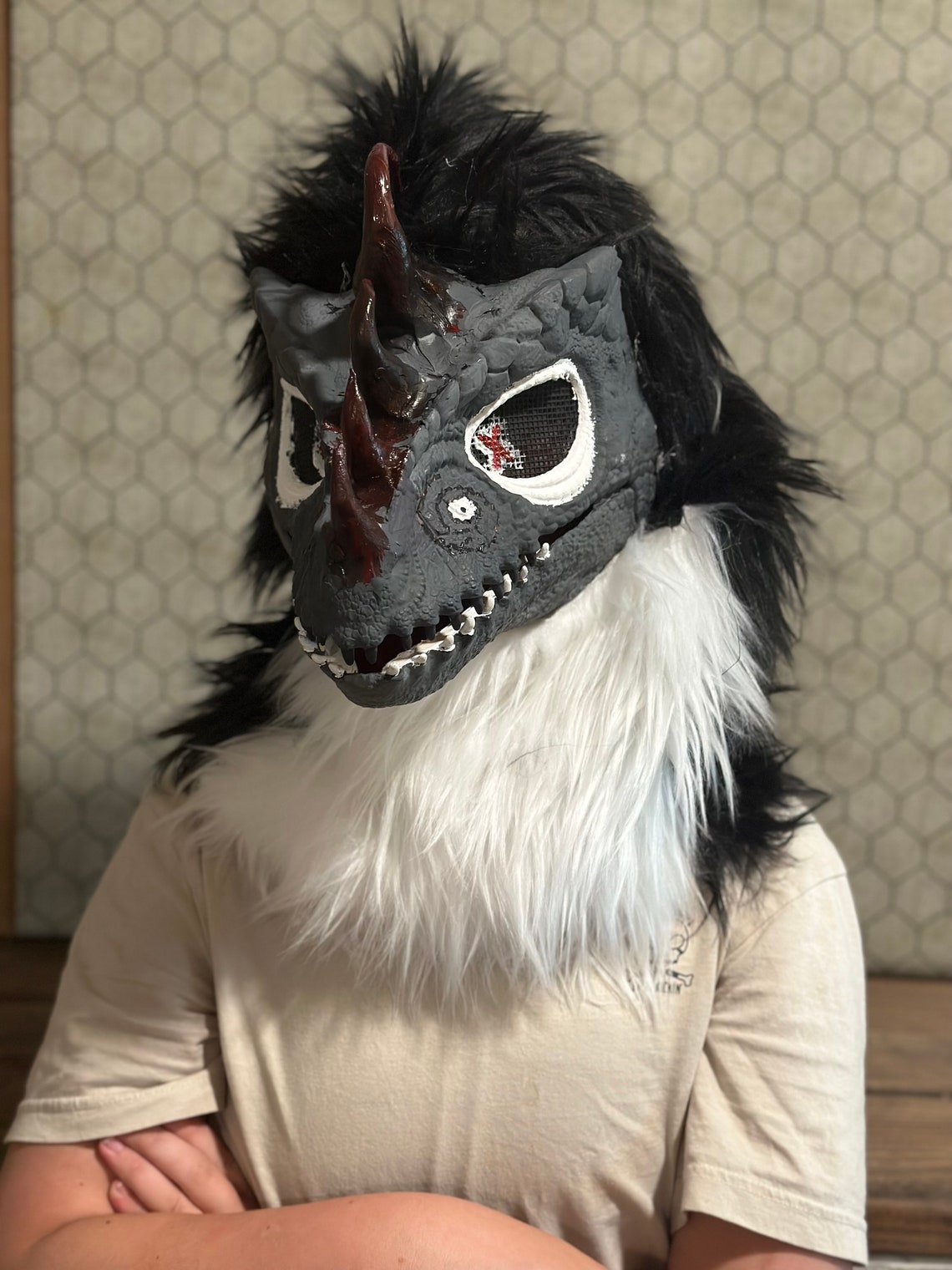 Furred Dino Mask With Horns full Headpiece - Etsy