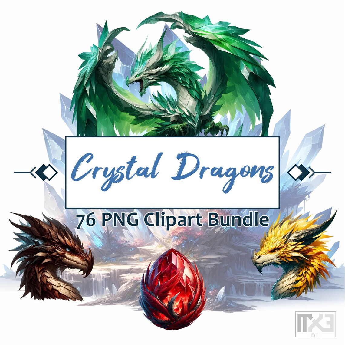 Crystal Dragons PNG Clipart Bundle: Fantasy Art Elements (commercial ...
