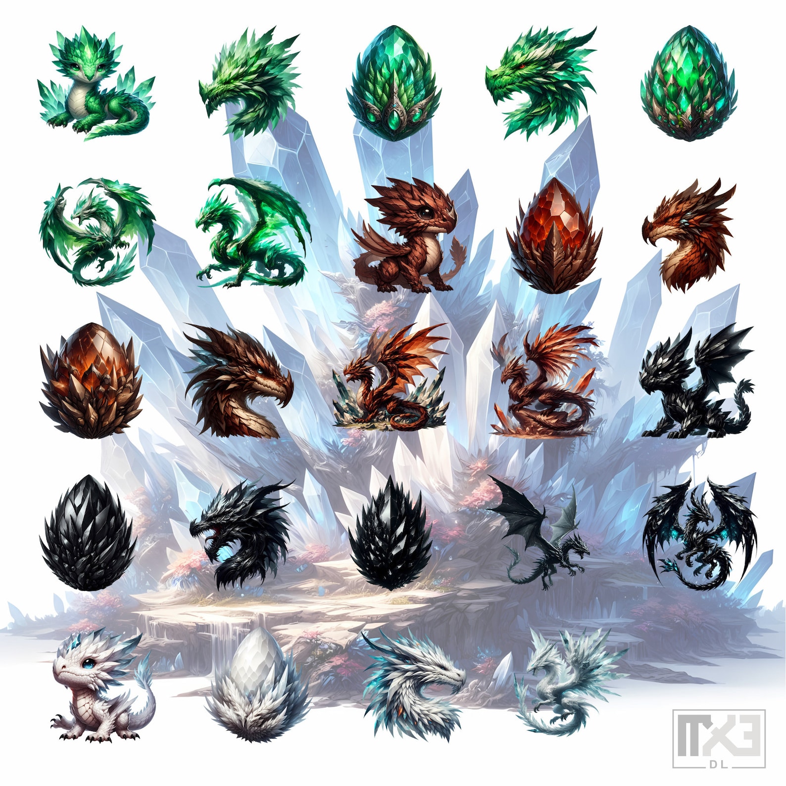 Crystal Dragons PNG Clipart Bundle, Fantasy Clip Art Elements for ...