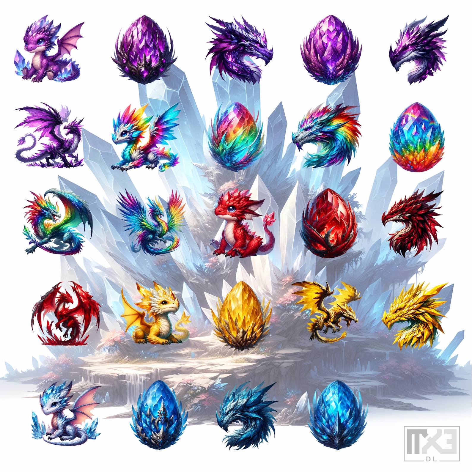 Crystal Dragons PNG Clipart Bundle, Fantasy Clip Art Elements for ...