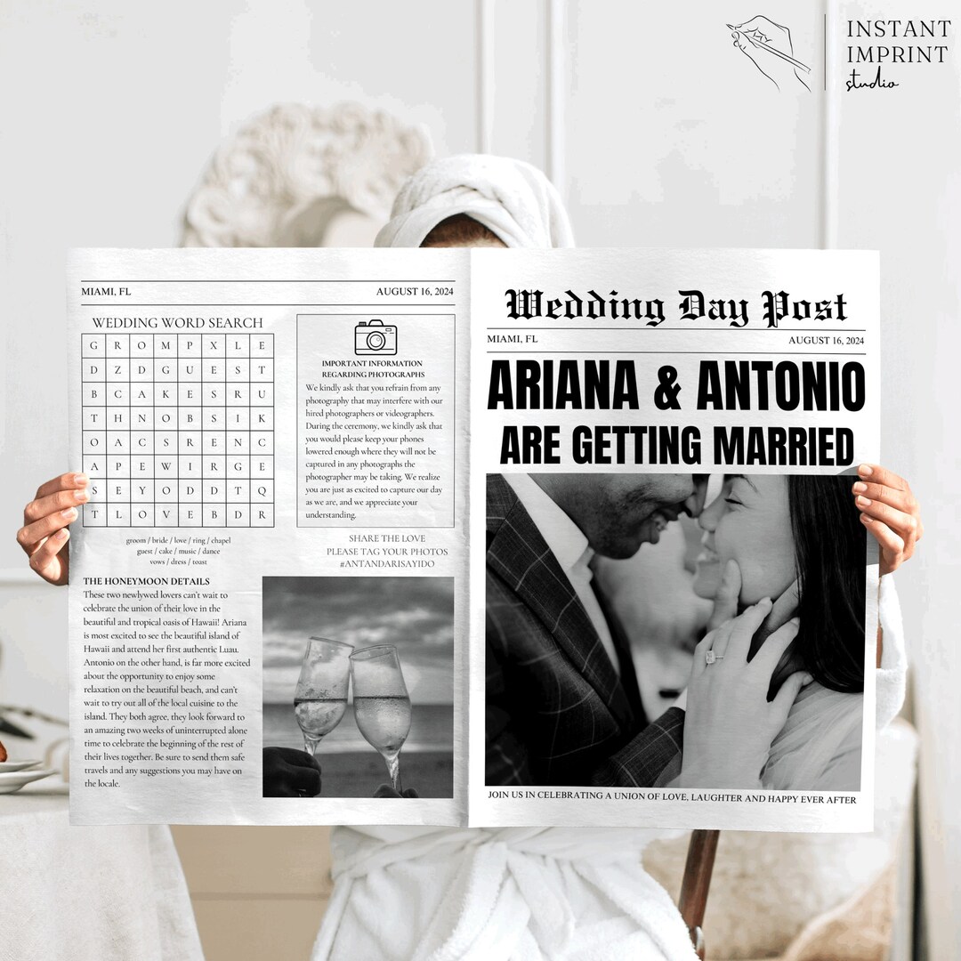 Folded Wedding Newspaper Program, Canva Template, Printable Wedding ...