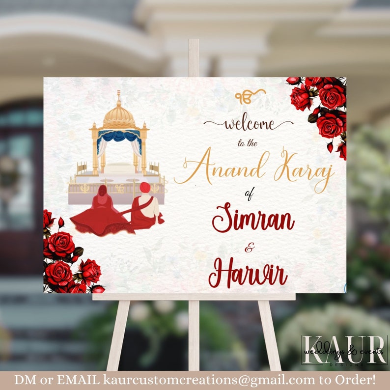 Anand Karaj Sikh Wedding Welcome Sign,red Floral,unique,elegant,indian ...