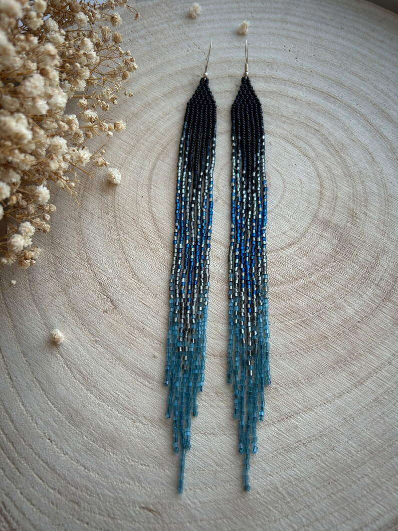 Bead Earrings Long Ombre Earrings Black Blue Very Long Earrings Extra ...