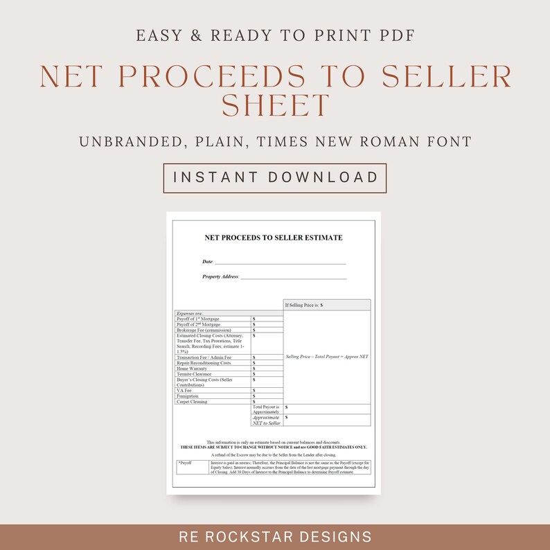 Net Proceeds to Seller Estimate Sheet (plain, Unbranded) - Etsy