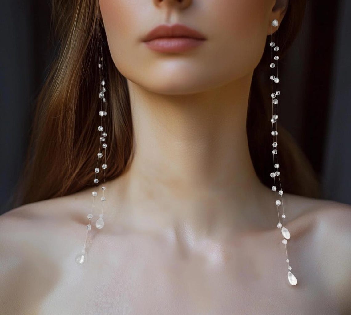 Floating Teardrop Dew Earrings Long Invisible Thread With Clear Glass ...