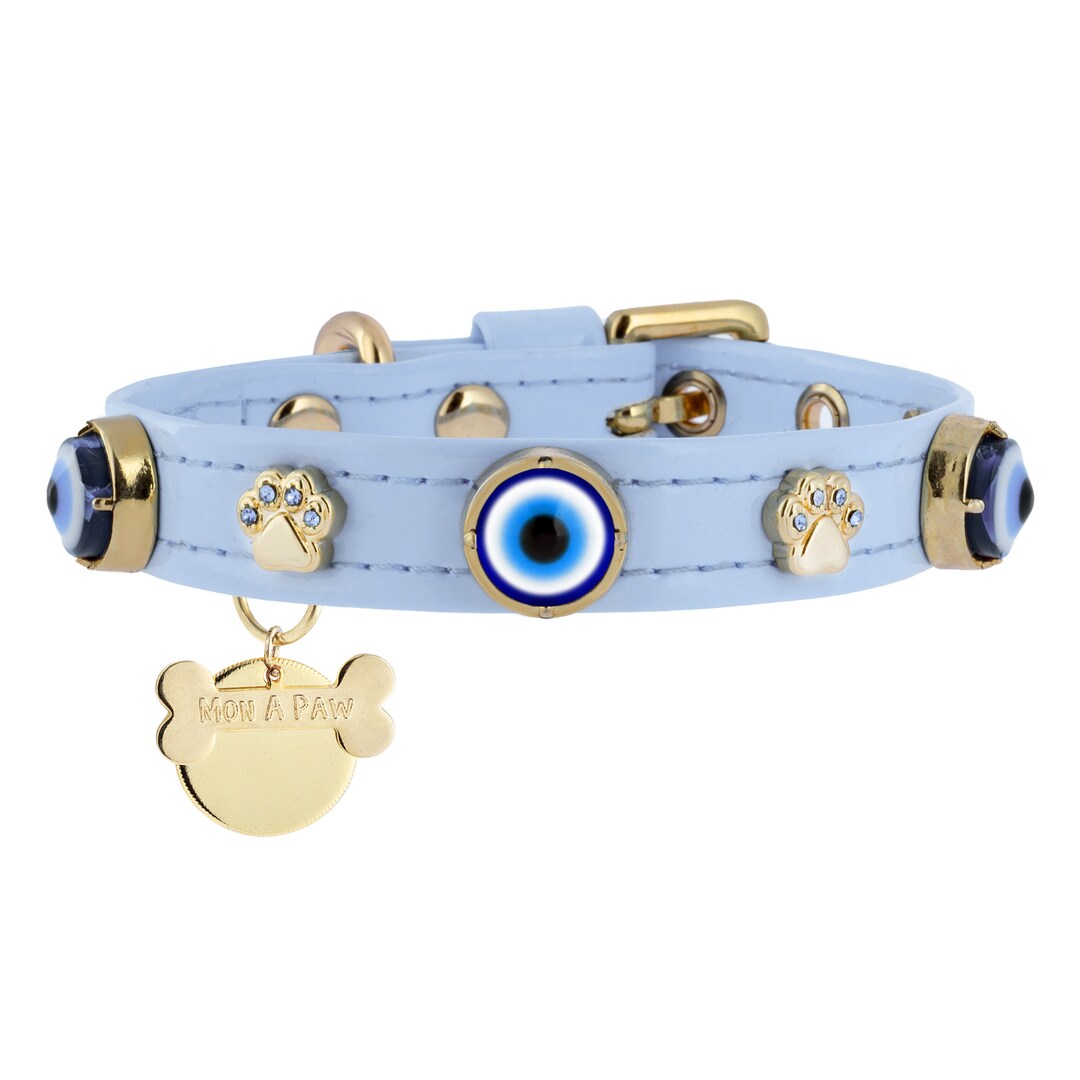 Evil Eye Pet Collar Baby Blue, Evil Eye Dog Collar, Dog Collar With Name, Handmade Dog Collar ...
