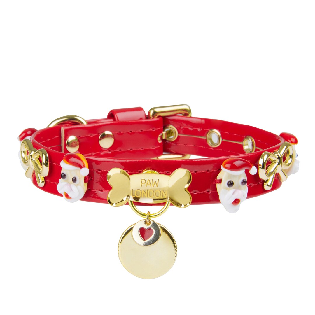 Red Santa Xmas Dog Collar, Santa Claus Personalised Collar, Gold Bow ...