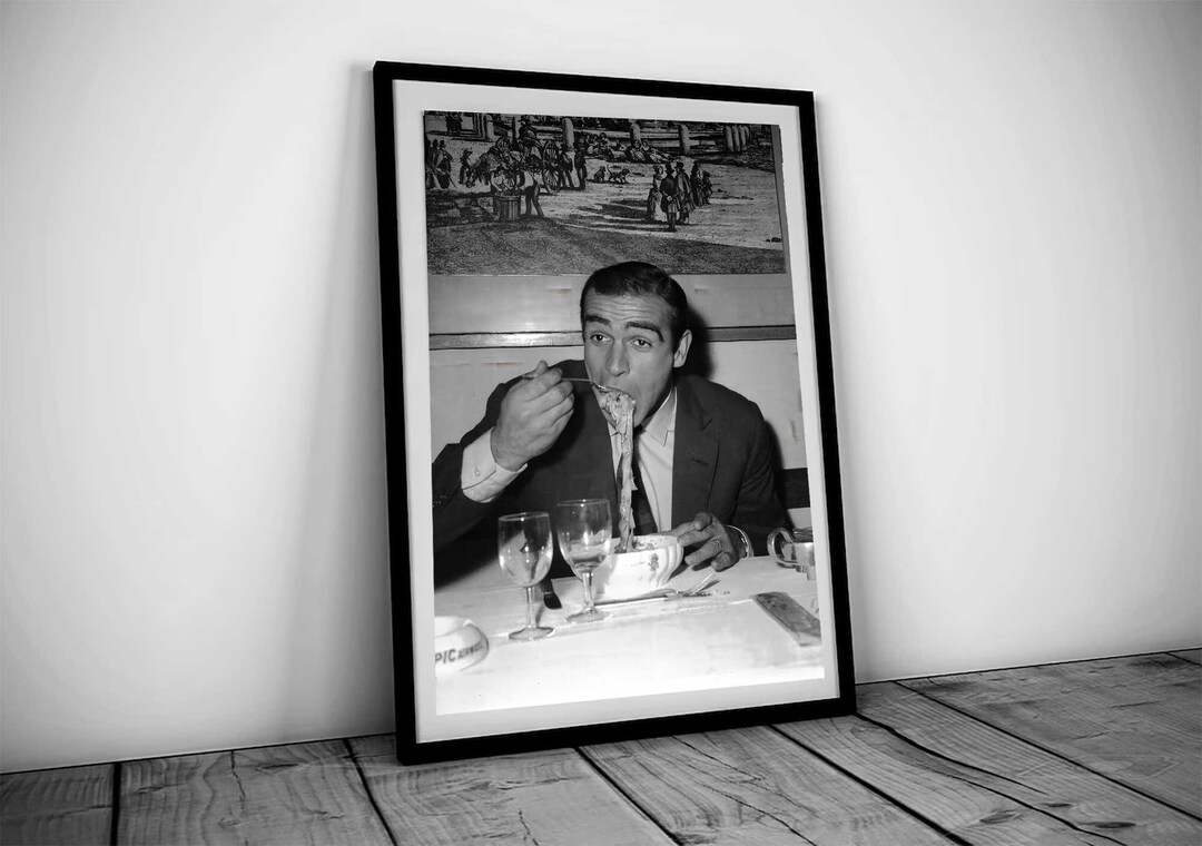 Vintage Black and White James Bond Eating Spaghetti Poster Antique ...
