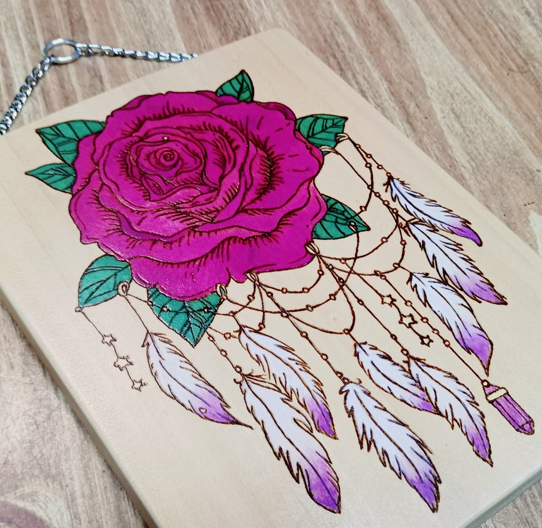 Purple Rose With Feathers, Pyrography, Wood Burned Art Wall Hanging - Etsy