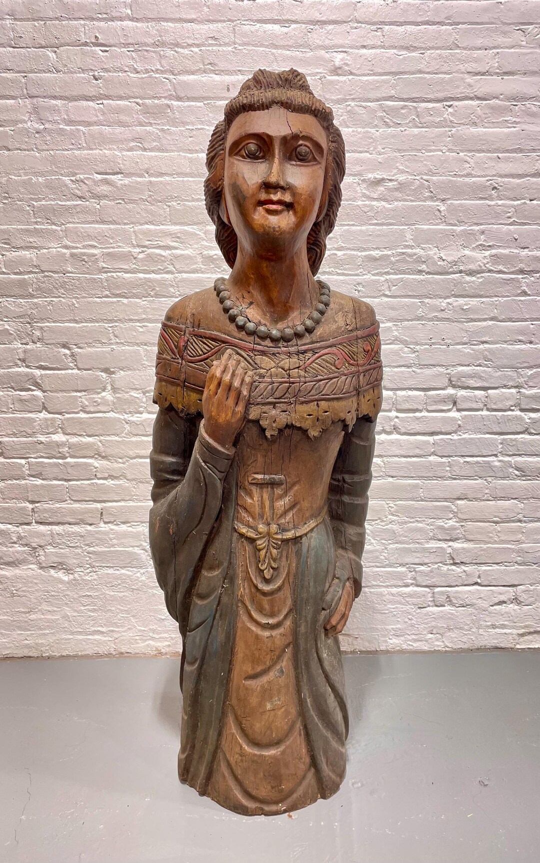 Polychrome Antique Carved Life Size Wood Female Figure | Europe, Late ...