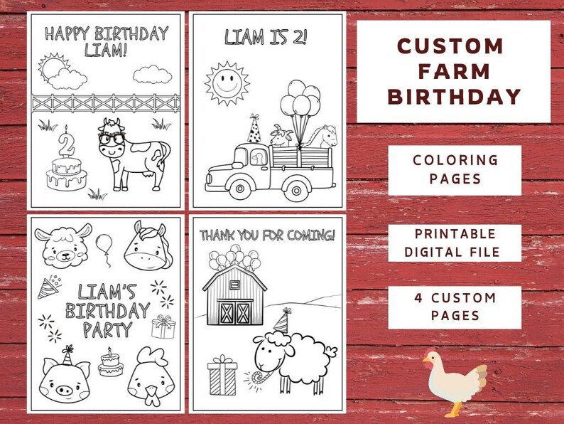 Custom Farm Birthday Coloring Pages - Personalized Barnyard Party ...