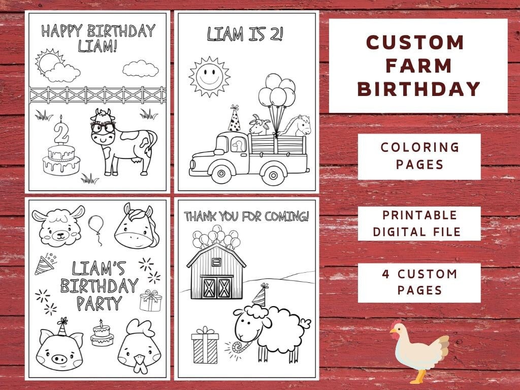 Custom Farm Birthday Coloring Pages - Personalized Barnyard Party ...