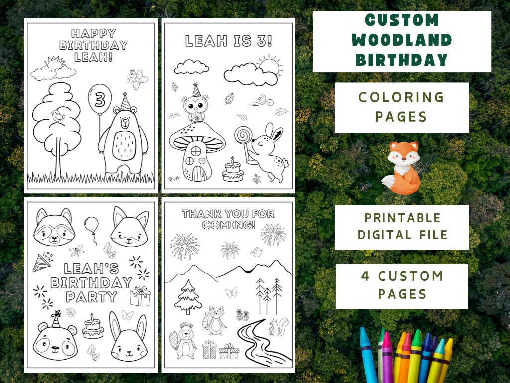Custom Woodland Birthday Party Coloring Pages Set of 4 - Personalized ...