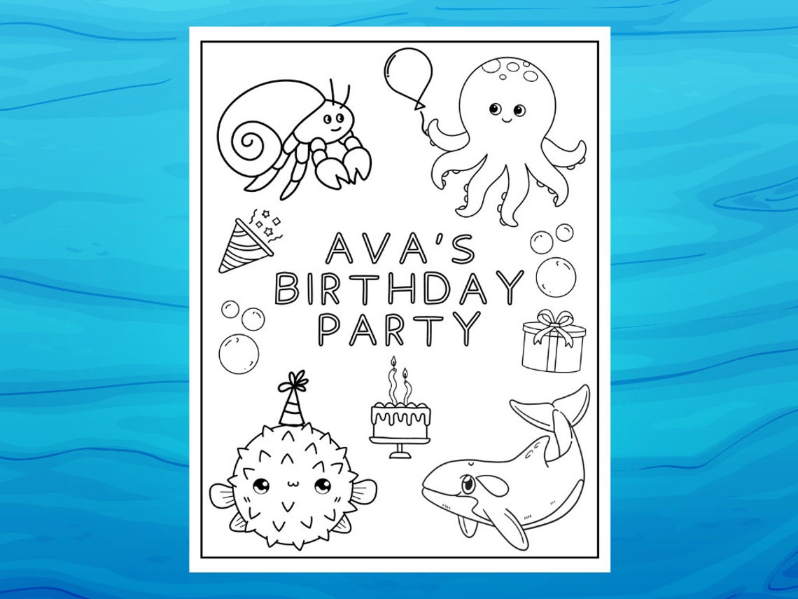 Custom Ocean-themed Birthday Coloring Pages, Set of 4, Under the Sea ...