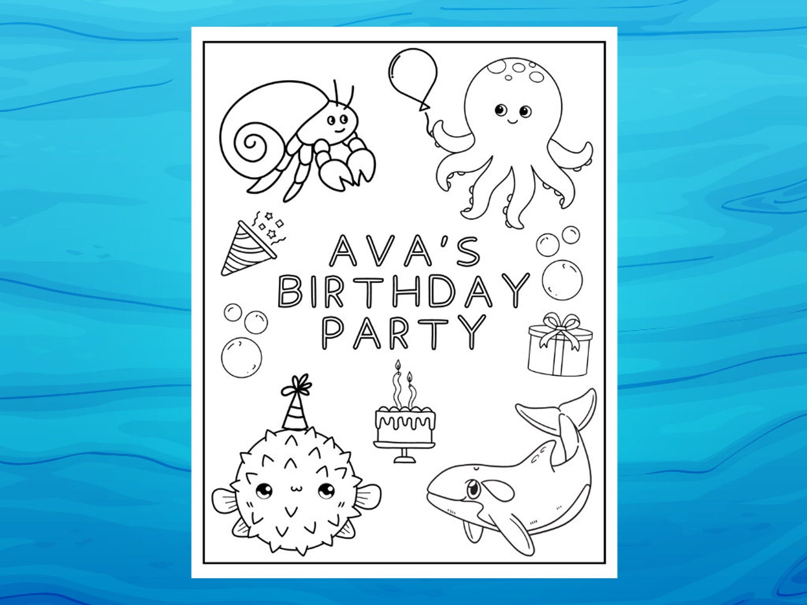 Custom Ocean-themed Birthday Coloring Pages, Set of 4, Under the Sea ...
