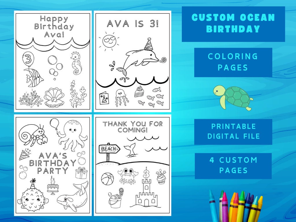Custom Ocean-themed Birthday Coloring Pages, Set of 4, Under the Sea ...