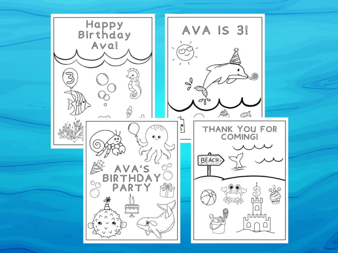 Custom Ocean-themed Birthday Coloring Pages, Set of 4, Under the Sea ...