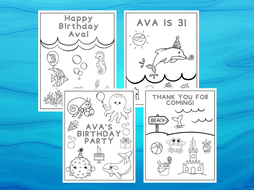 Custom Ocean-themed Birthday Coloring Pages, Set of 4, Under the Sea ...