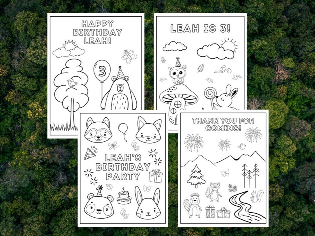 Custom Woodland Birthday Party Coloring Pages Set of 4 - Personalized ...