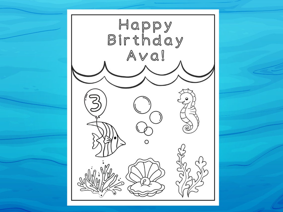 Custom Ocean-themed Birthday Coloring Pages, Set of 4, Under the Sea ...