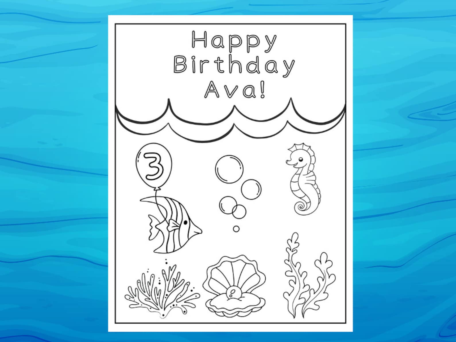 Custom Ocean-themed Birthday Coloring Pages, Set of 4, Under the Sea ...