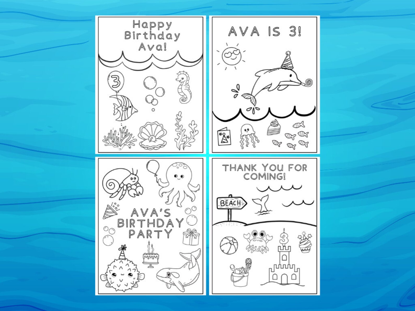 Custom Ocean-themed Birthday Coloring Pages, Set of 4, Under the Sea ...