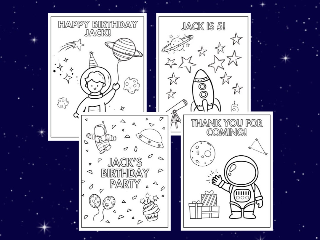 Personalized Space Themed Birthday Party Coloring Pages, Custom ...