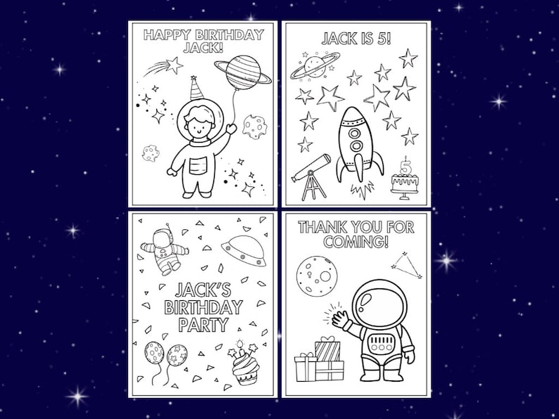 Personalized Space Themed Birthday Party Coloring Pages, Custom ...