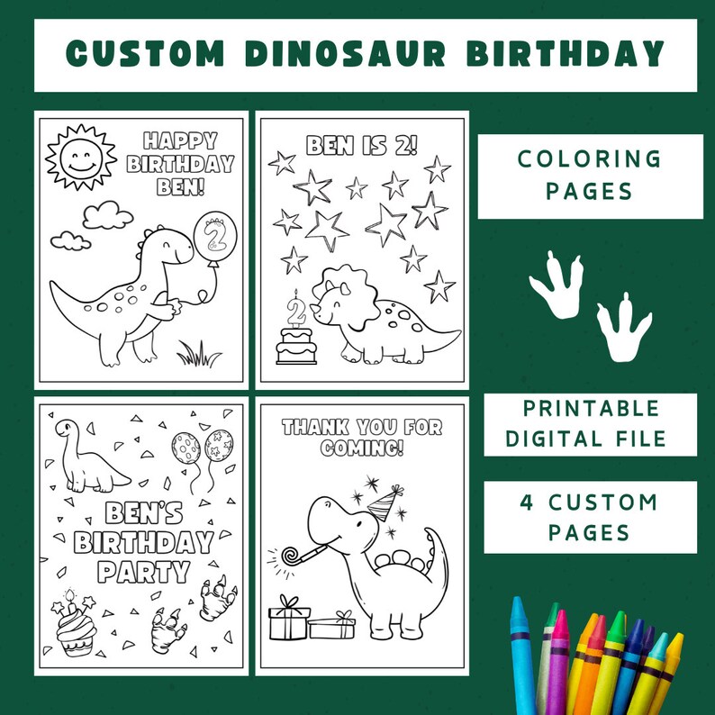 Personalized Dinosaur Birthday Coloring Pages, Customizable Dino Party ...