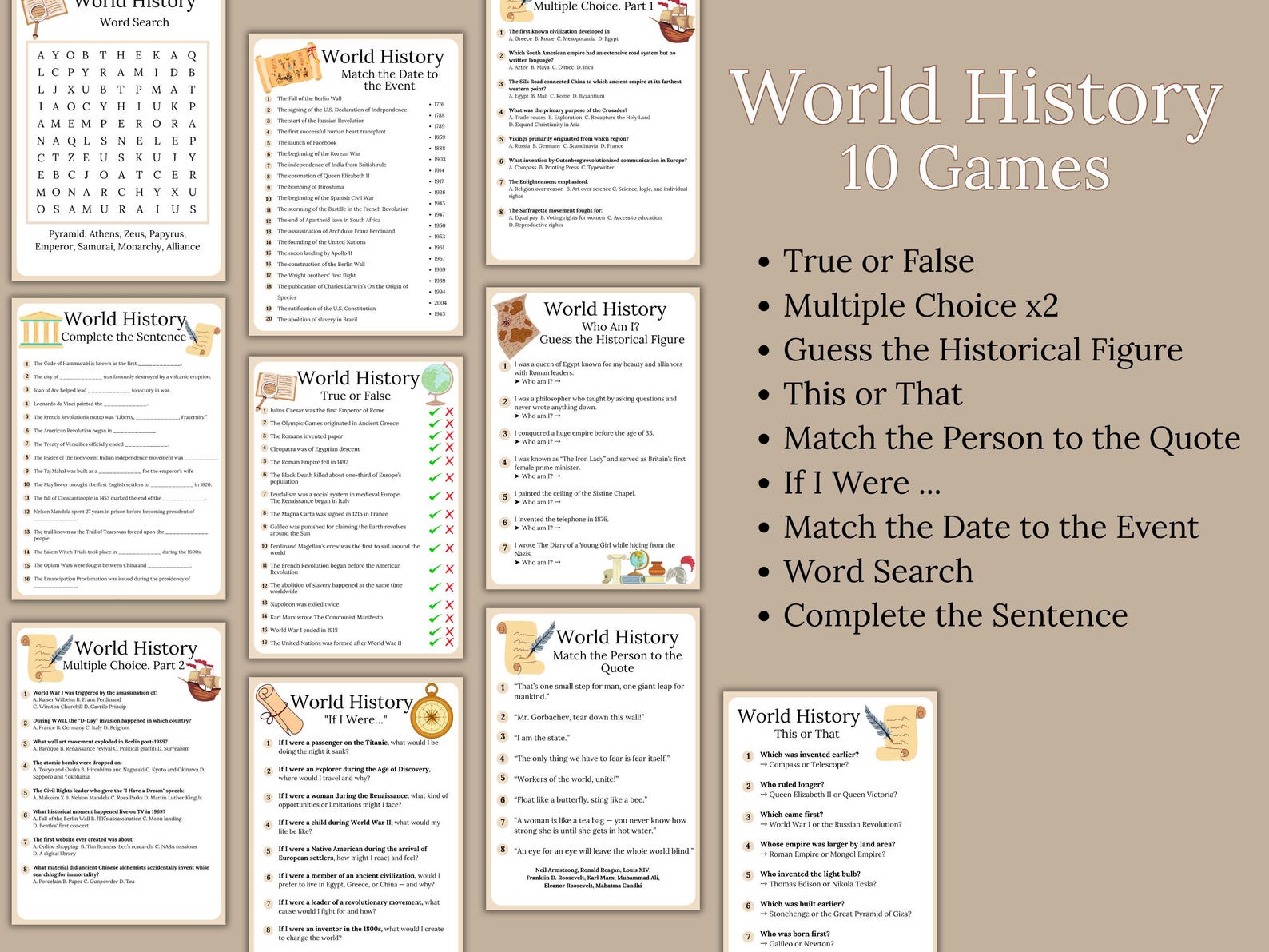 World History Game Bundle | 10 Printable Educational Activities ...