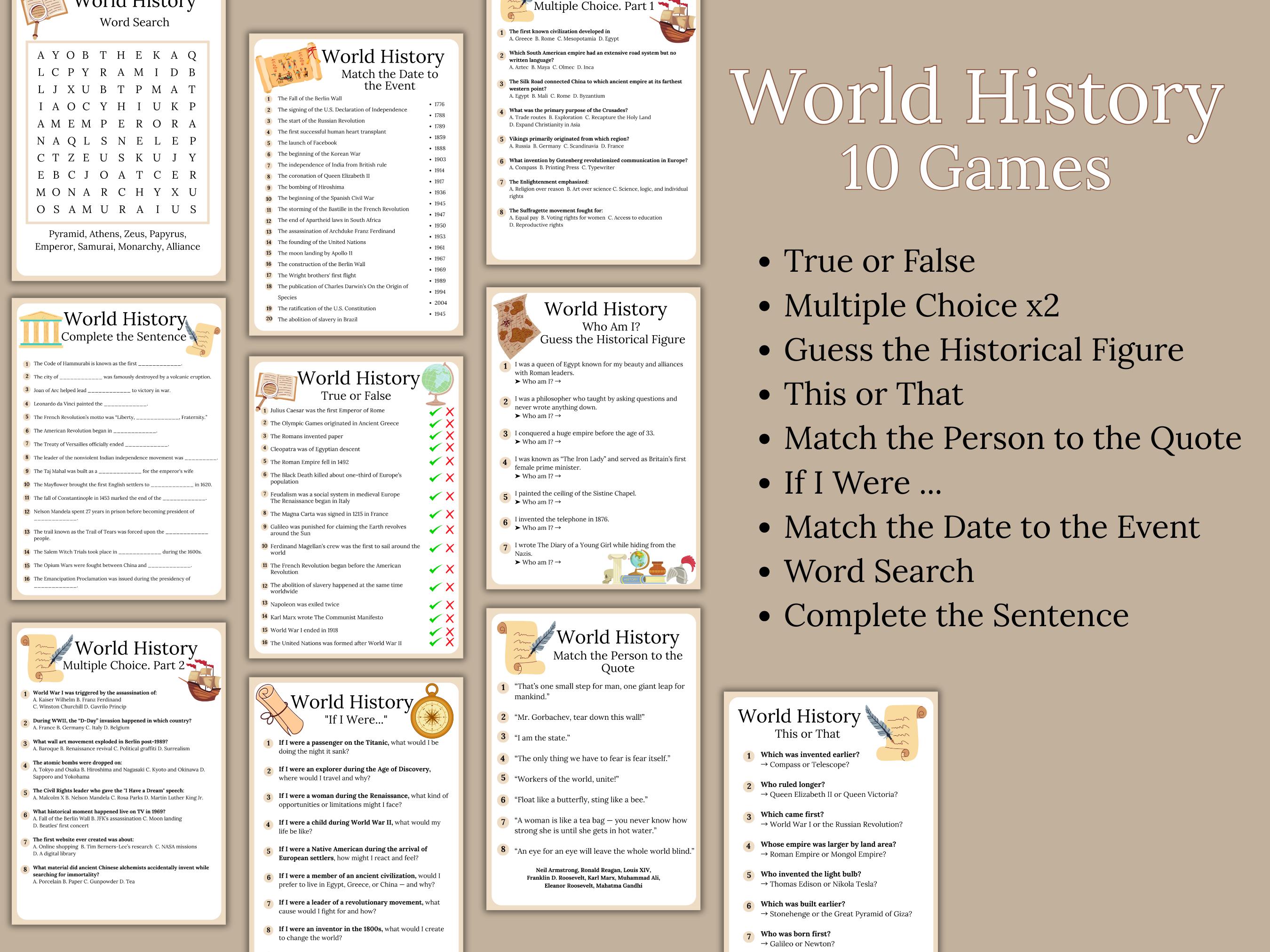 World History Game Bundle | 10 Printable Educational Activities ...