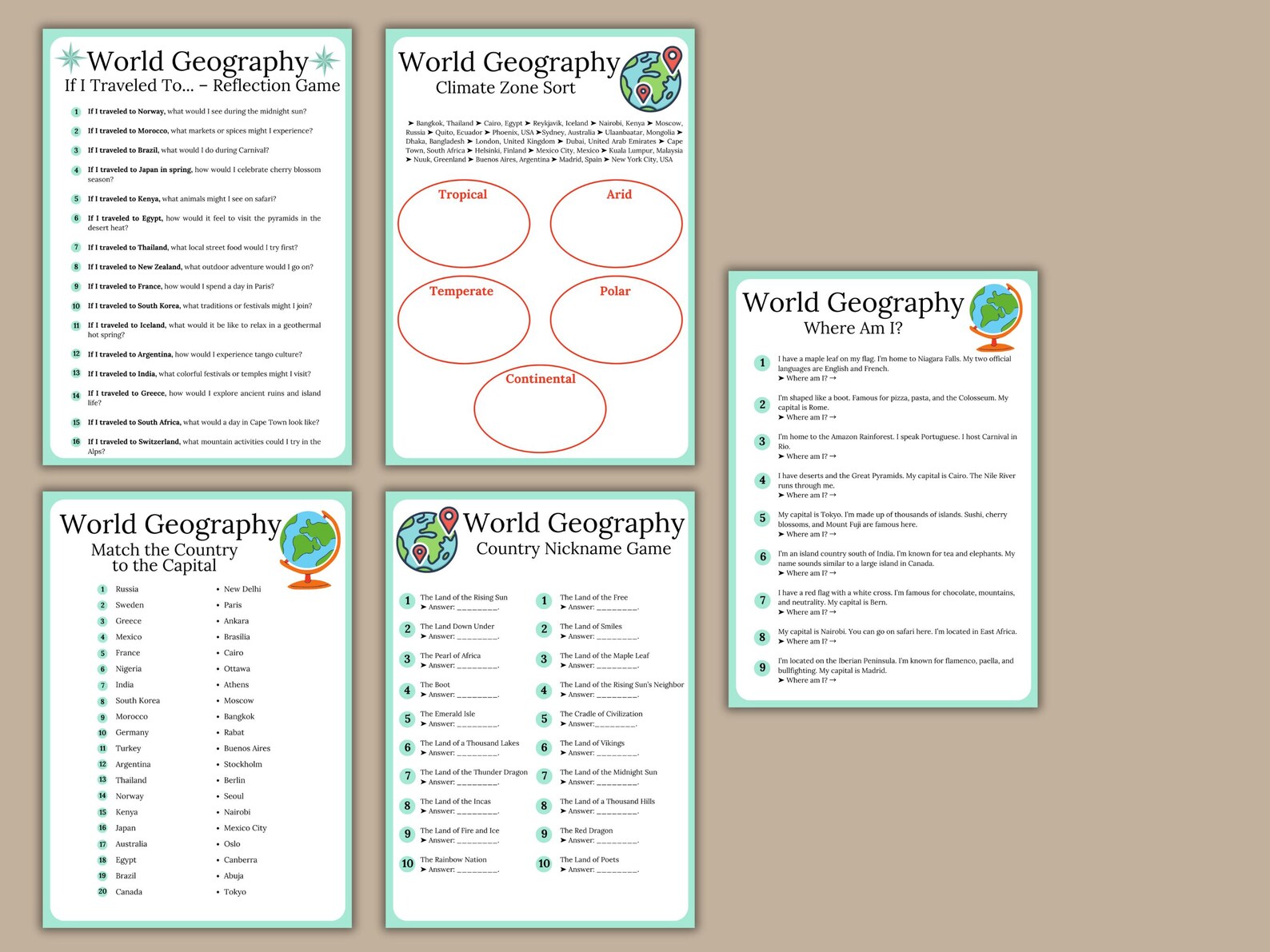 World Geography Game Bundle – 10 Printable Educational Activities ...