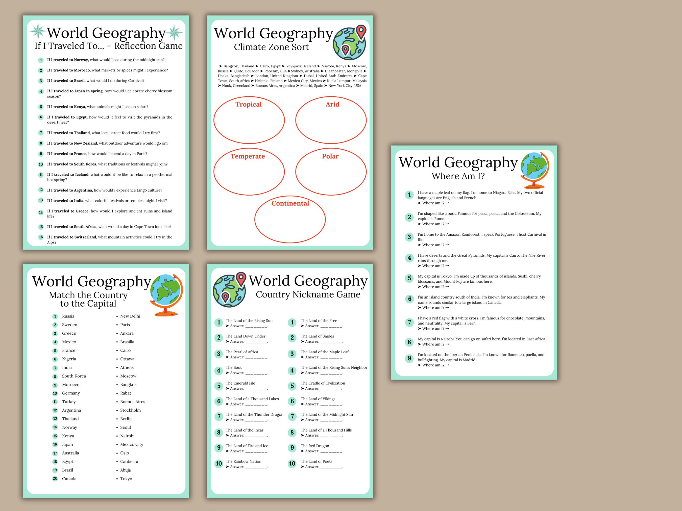 World Geography Game Bundle – 10 Printable Educational Activities ...